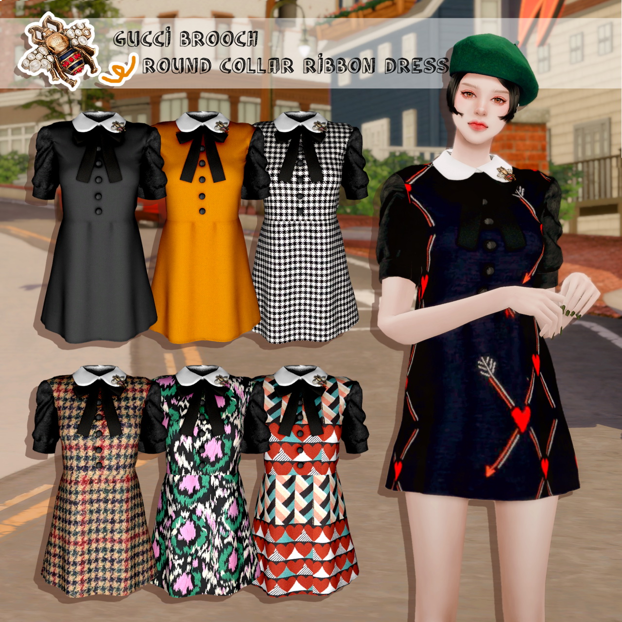 Rimings: Brooch and Round Collar Ribbon Dress • Sims 4 Downloads