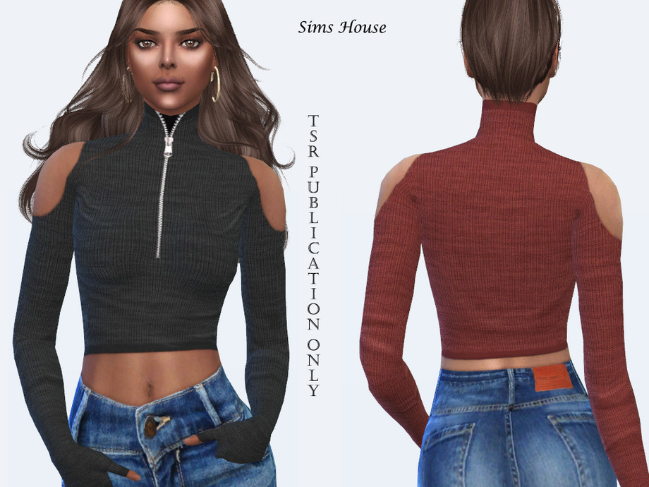 The Sims Resource: Off Shoulder Zip Top by Sims House • Sims 4 Downloads
