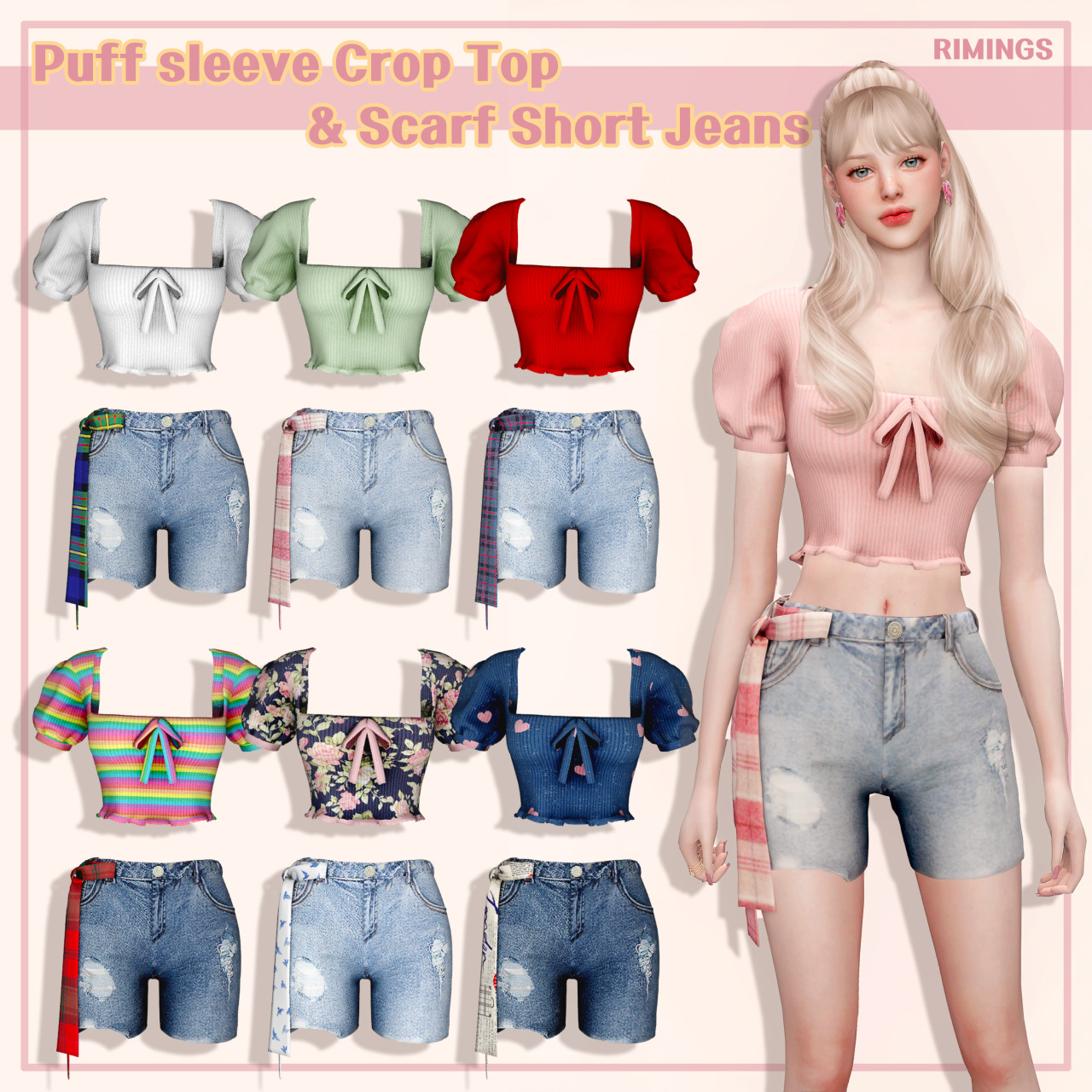 Puff sleeve Crop Top and Scarf Short Jeans from Rimings • Sims 4 Downloads