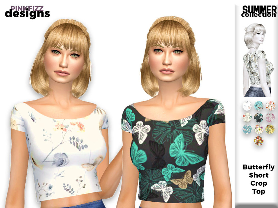 Summer Butterfly Short Crop Top 155 by Pinkfizzzzz from TSR • Sims 4 ...