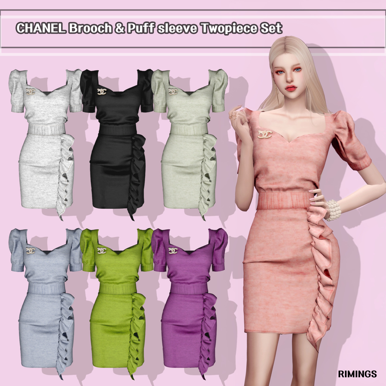 Brooch and Puff sleeve Twopiece Set from Rimings • Sims 4 Downloads