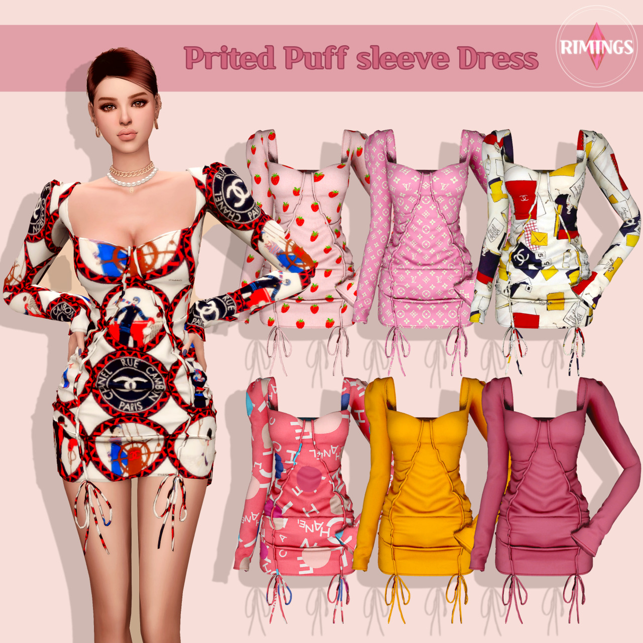 Prited Puff sleeve Dress from Rimings • Sims 4 Downloads
