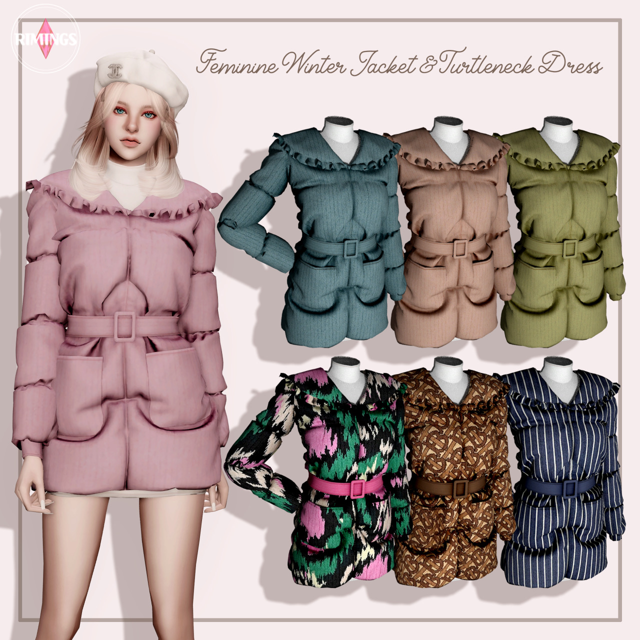 Feminine Winter Jacket and Turtleneck Dress from Rimings • Sims 4 Downloads
