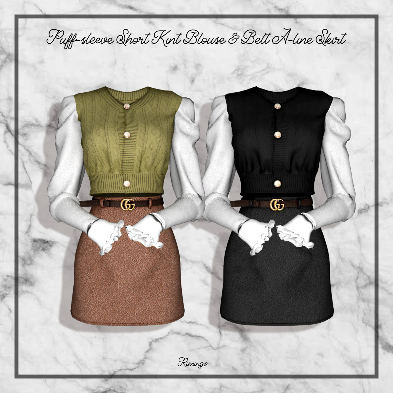 Puff-sleeve Short Kint Blouse and Belt A-line Skirt from Rimings • Sims 4 Downloads