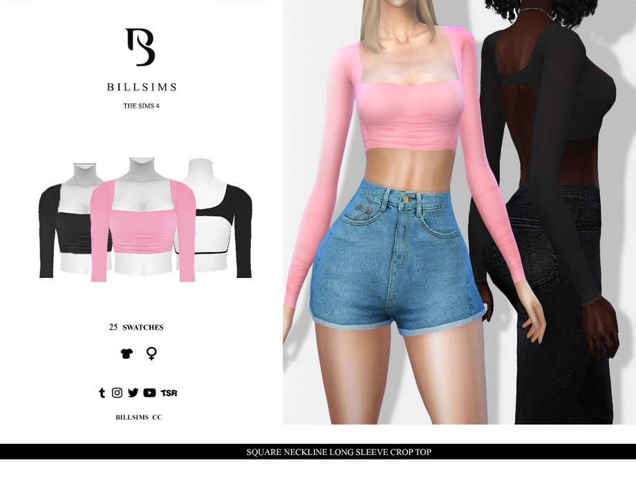 Square Neckline Long Sleeve Crop Top by Bill Sims from TSR • Sims 4 ...