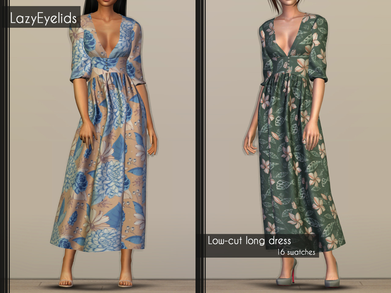 Low Cut Long Dress from Lazyeyelids • Sims 4 Downloads