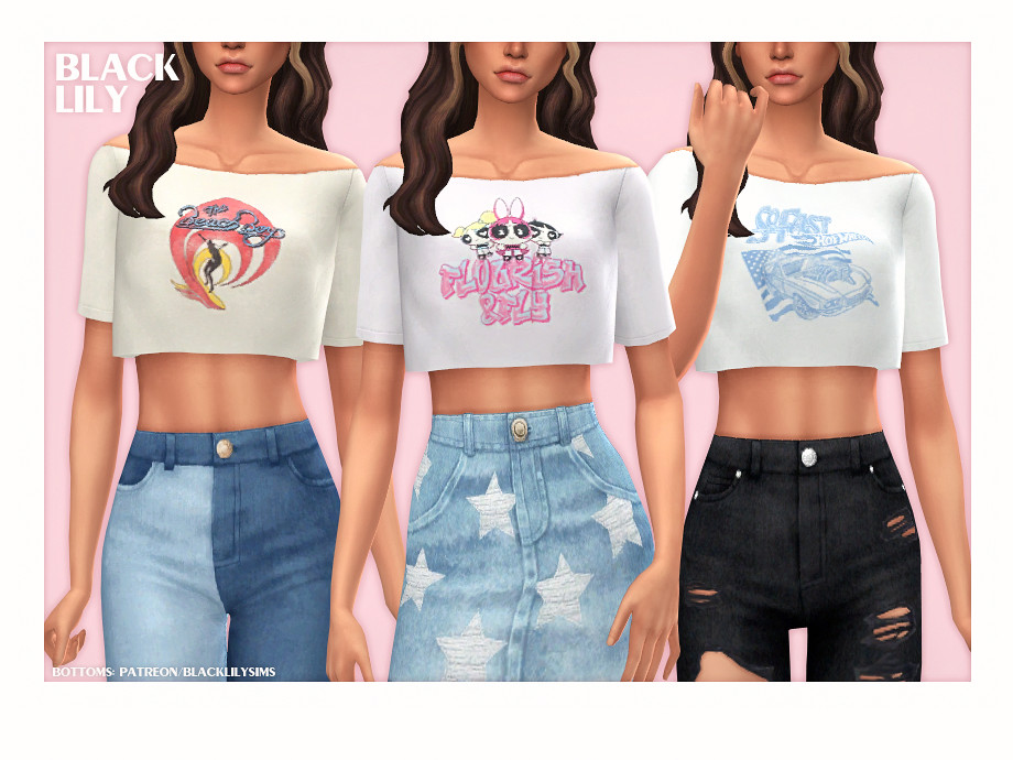 Off-Shoulder Crop Tee by Black Lily from TSR • Sims 4 Downloads