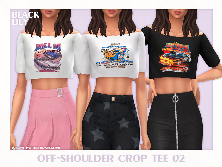 Off-Shoulder Crop Tee 02 by Black Lily from TSR • Sims 4 Downloads