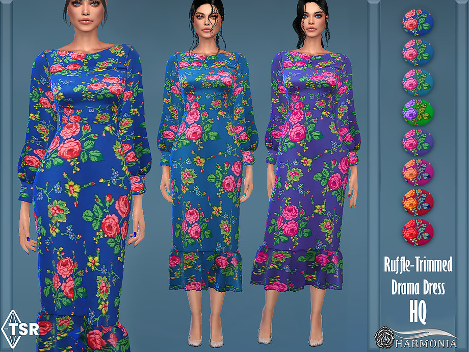 Ruffle-trimmed Drama Dress by Harmonia from TSR • Sims 4 Downloads