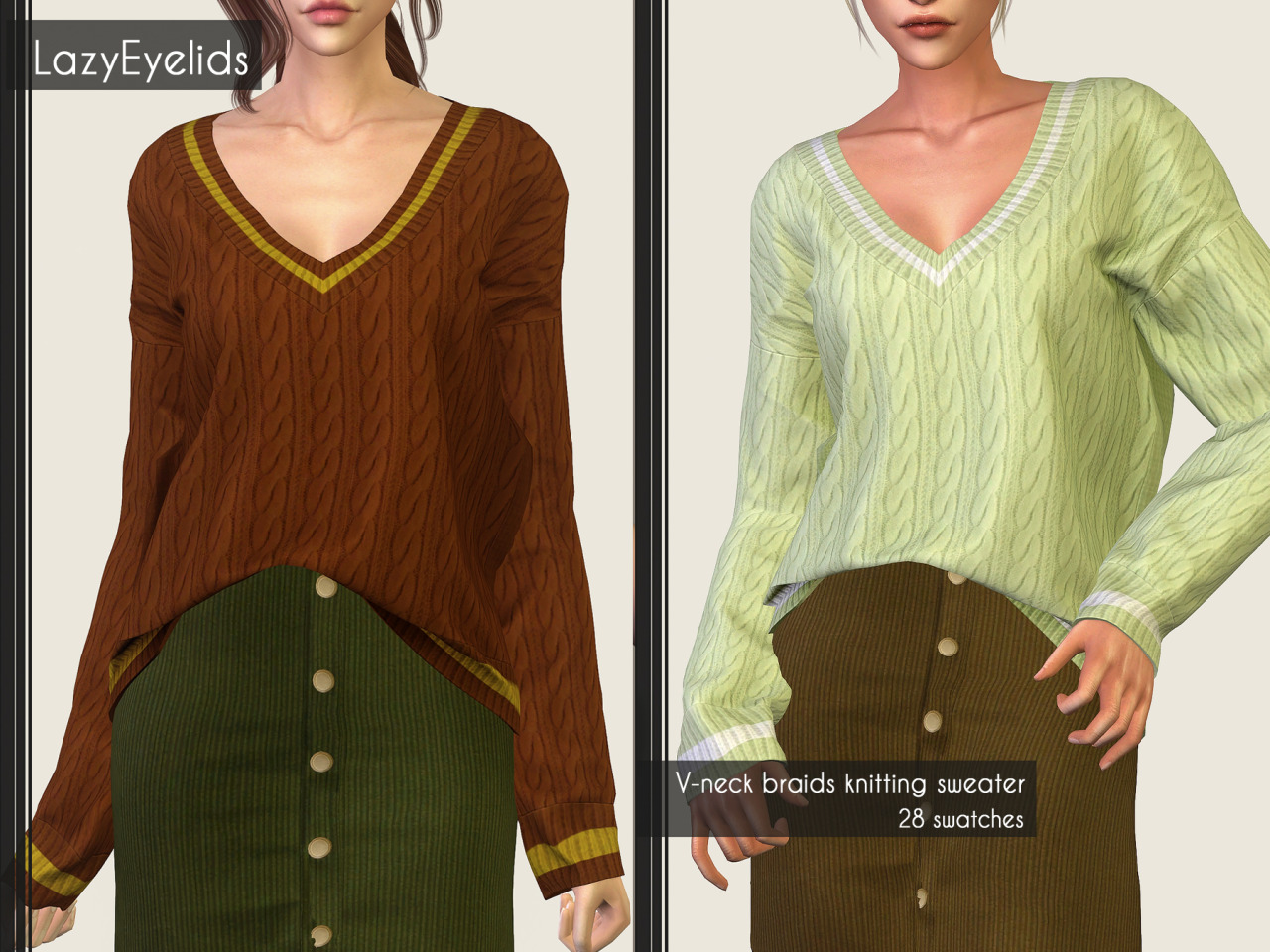 V-Neck Sweater and Ribbed Skirt from Lazyeyelids • Sims 4 Downloads