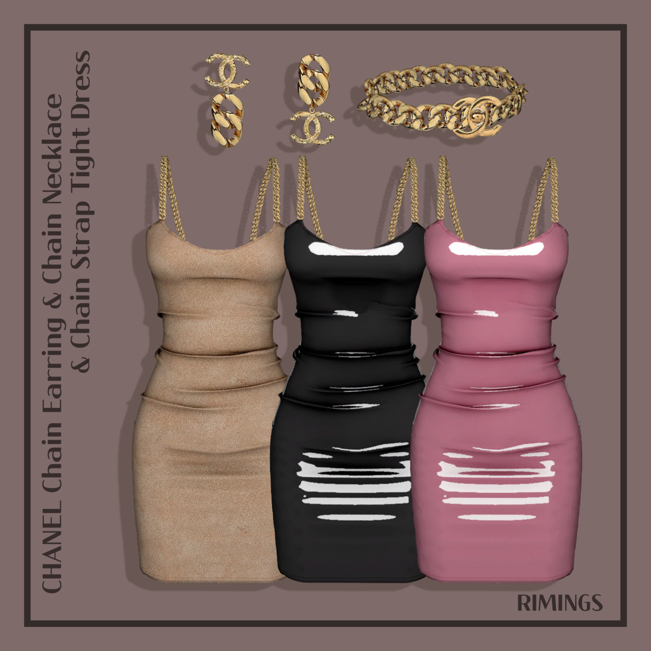 Chain Earring, Necklace and Chain Strap Tight Dress from Rimings • Sims ...