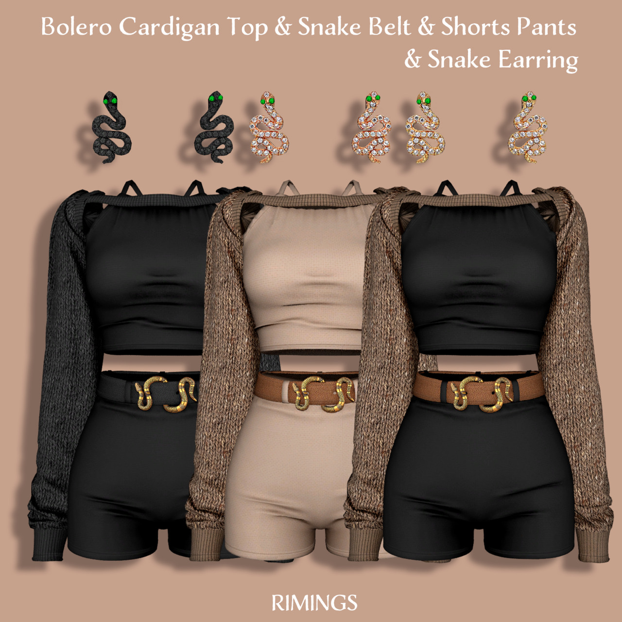 Bolero Cardigan Top & Snake Belt & Earrings from Rimings • Sims 4 Downloads